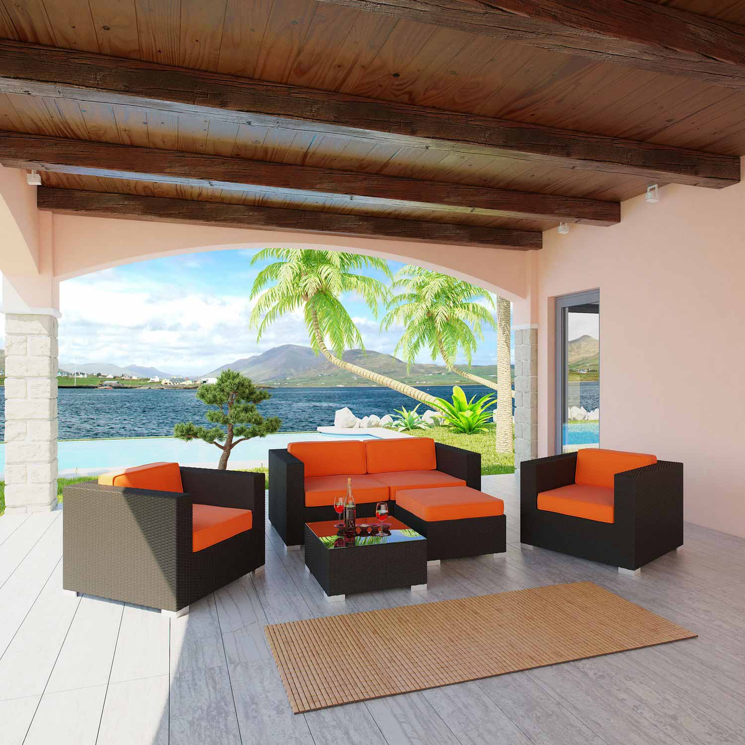 Modway Malibu 5 Piece Outdoor Patio Sofa Set - Espresso/Orange MW-EEI ...